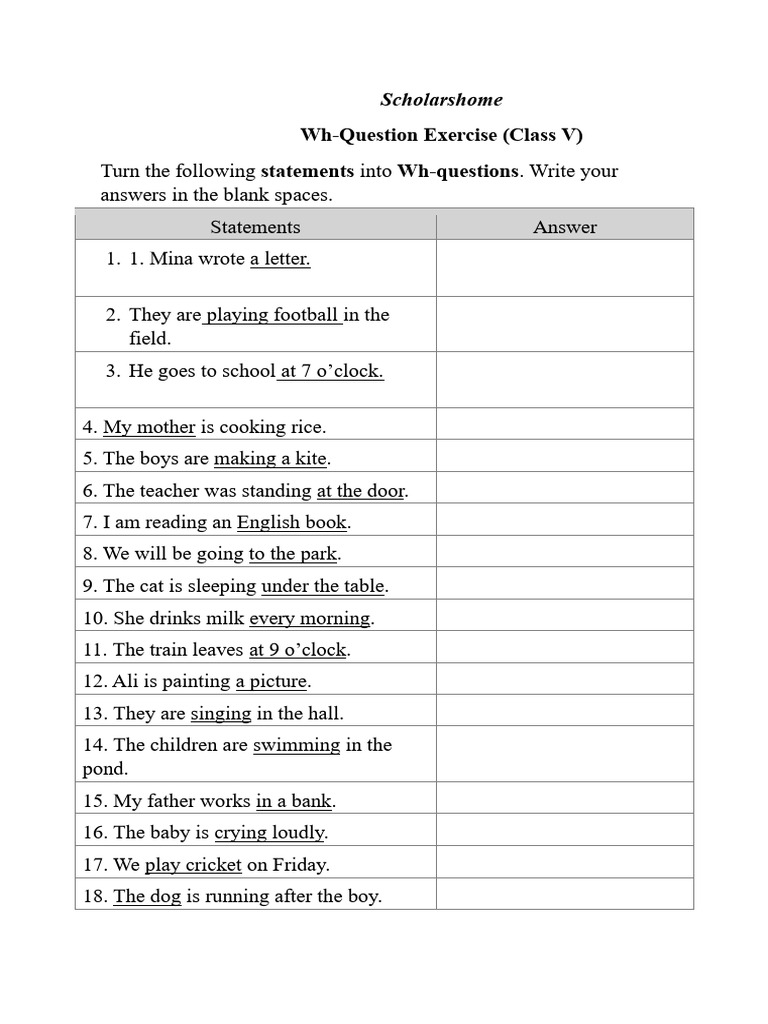 Class 5 Wh-Question Practice Exercise | PDF