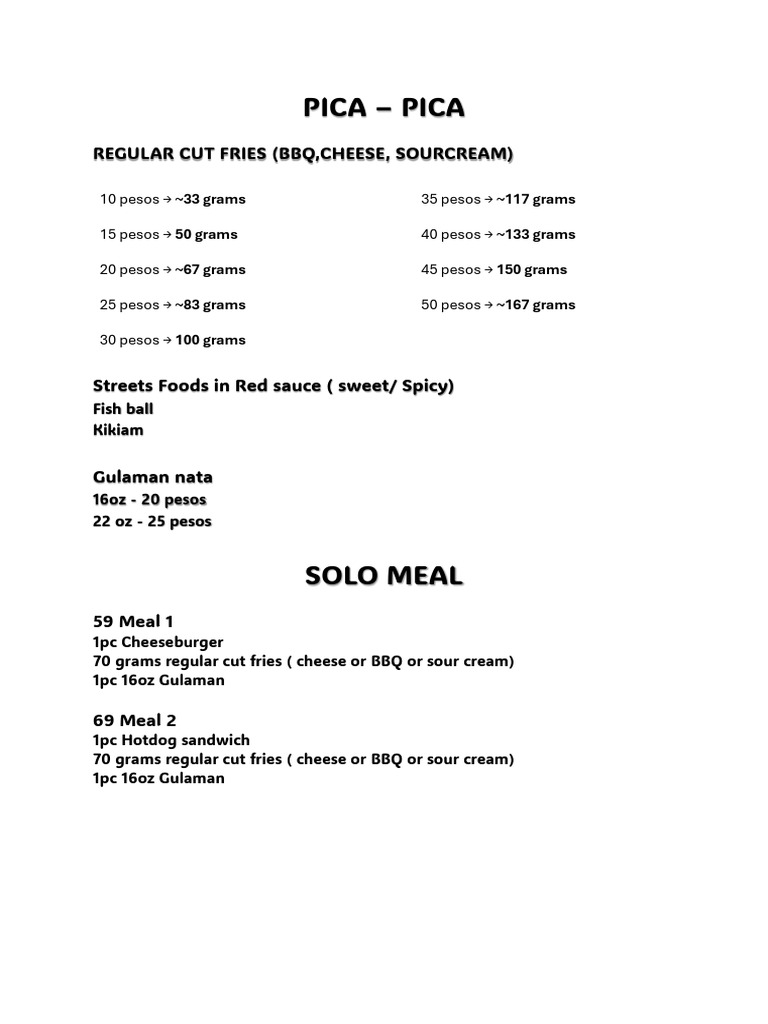 PICA Regular Cut Fries & Meals Menu | PDF