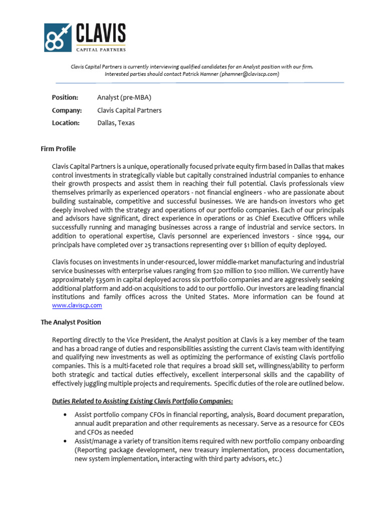 Analyst Position at Clavis Capital Partners | PDF | Financial Analyst ...