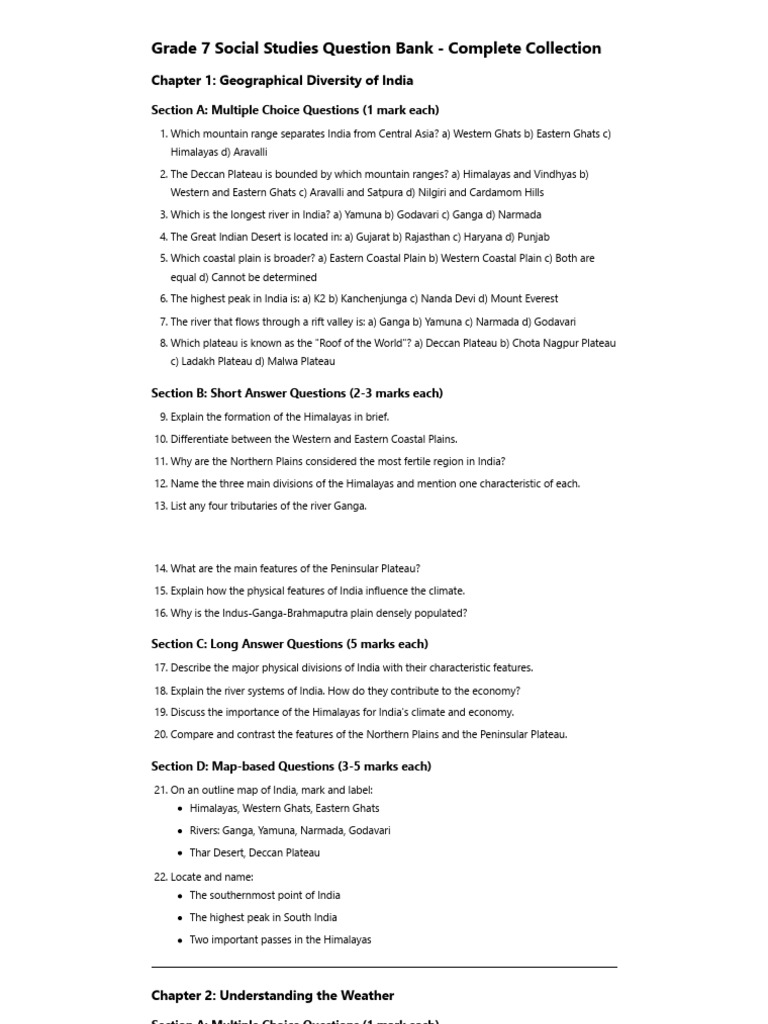 Grade 7 Social Studies Question Bank | PDF | Monsoon | Rain