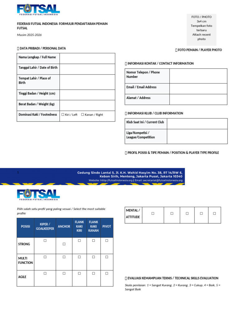 Formulir Seleksi Timnas Futsal 2025-2026 | PDF