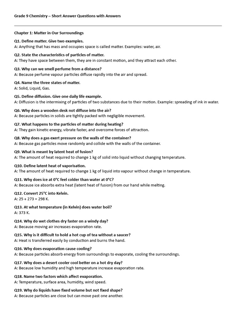 Chemistry Short Answer Answer Key | PDF | Mixture | Heat