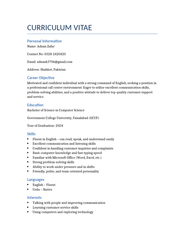 Adnan Zafar Call Center CV | PDF