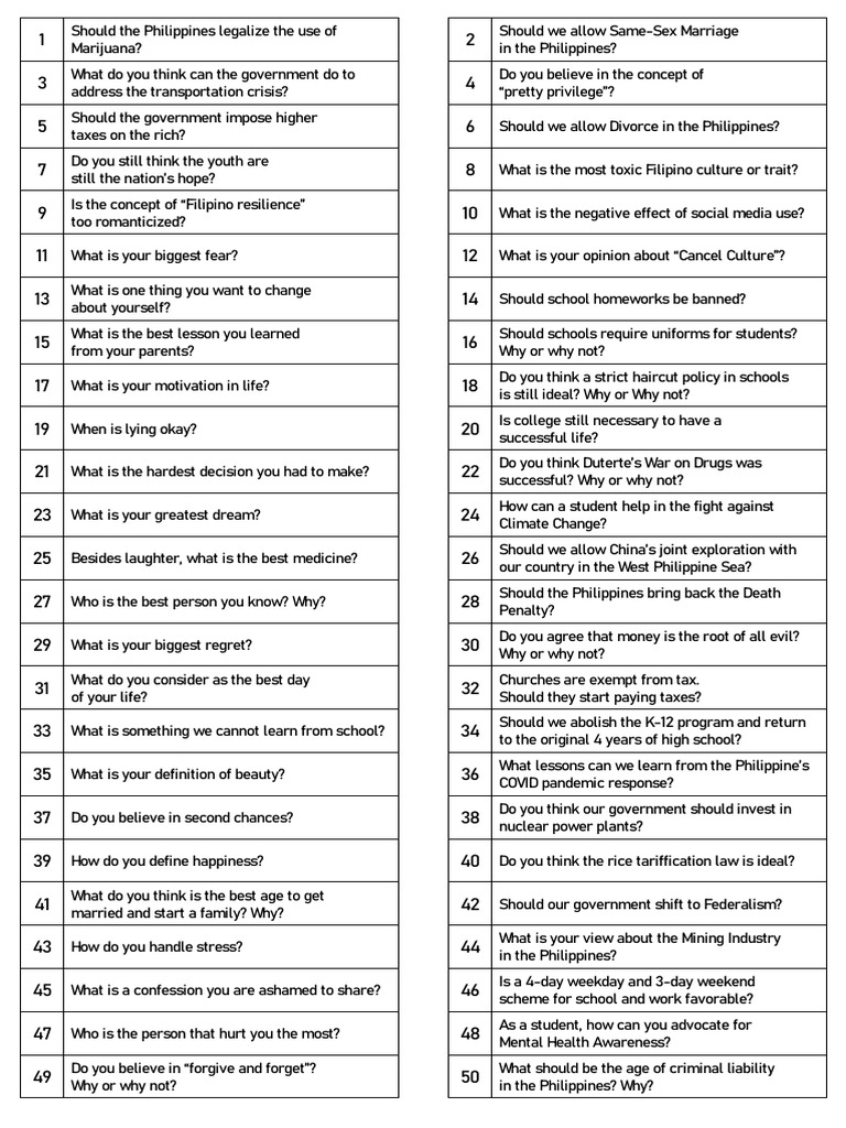 Impromptu Speech Topics in the Philippines | PDF | Philippines