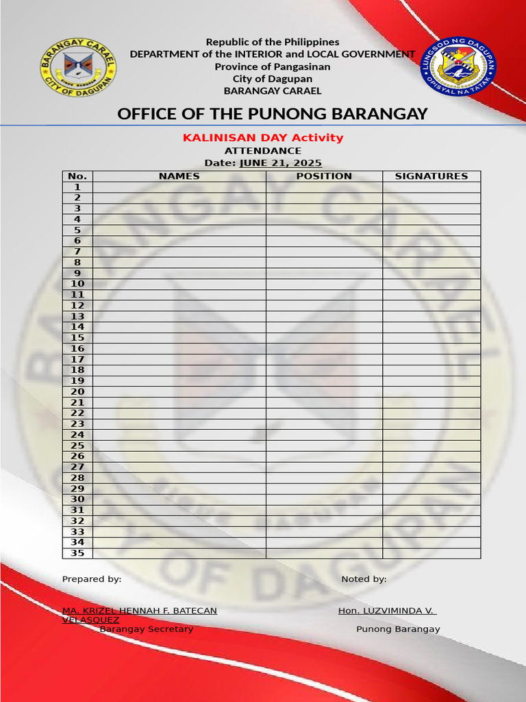 Kalinisan Day Attendance List 2025 | PDF