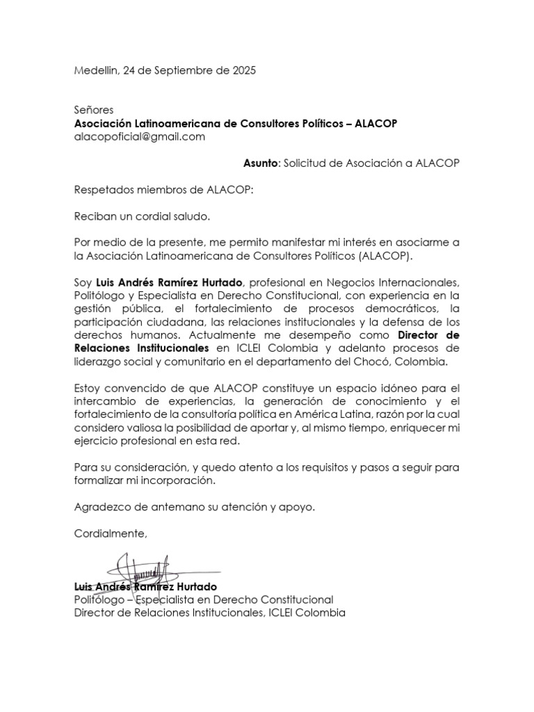 Solicitud de Asociación a ALACOP | PDF