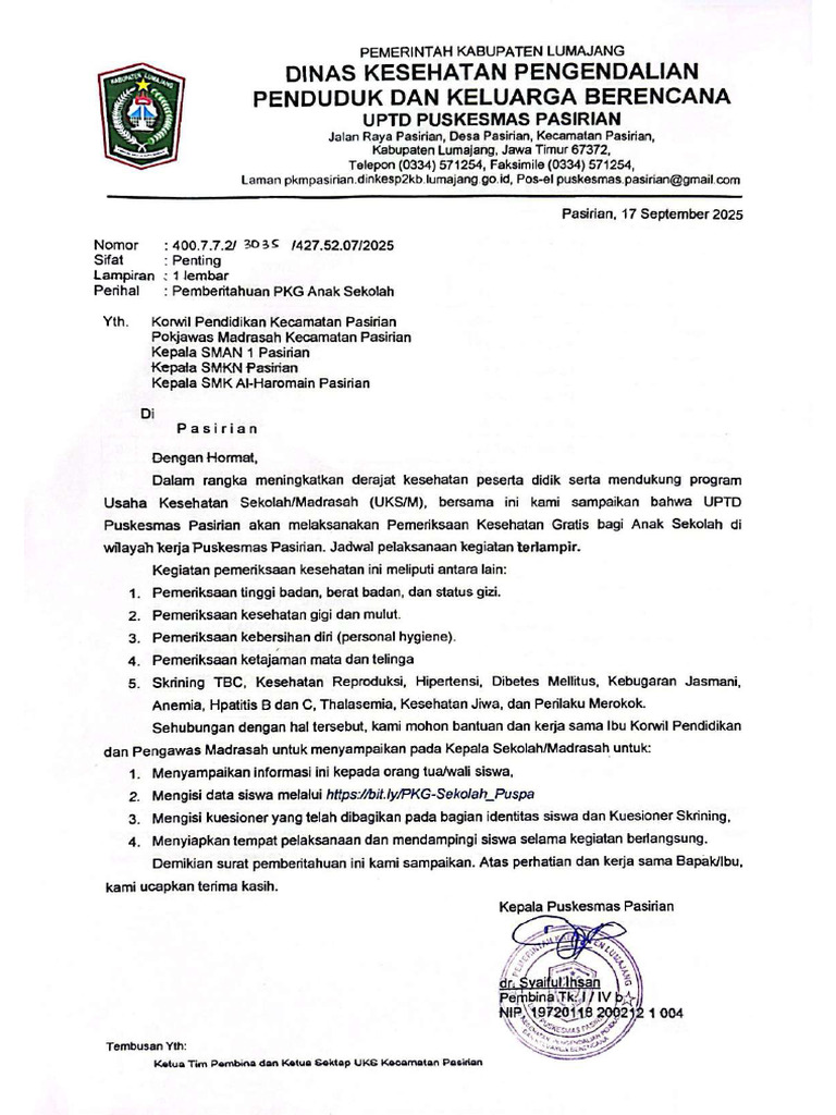 Surat Pemberitahuan PKG Anak Sekolahh - 1 | PDF