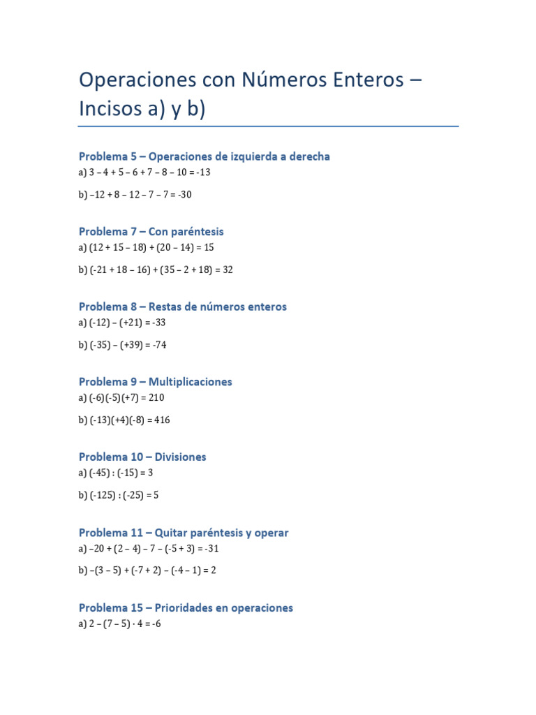 Operaciones con Números Enteros: Ejercicios | PDF