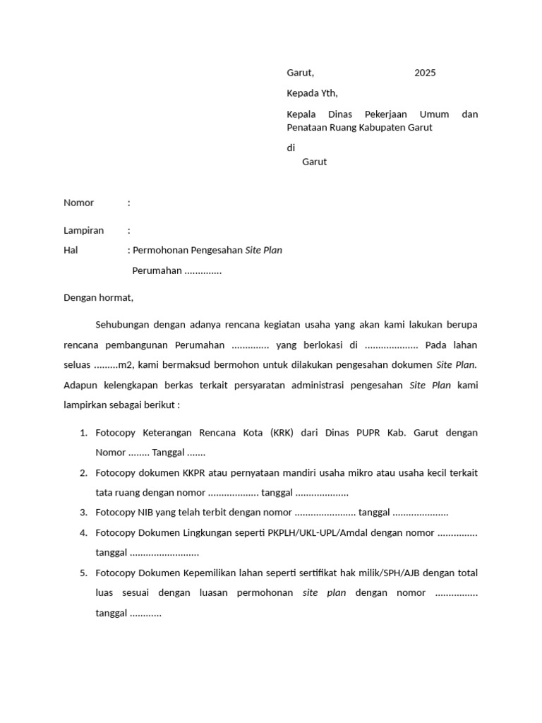Surat Permh Pengesahan Site Plan Garut | PDF