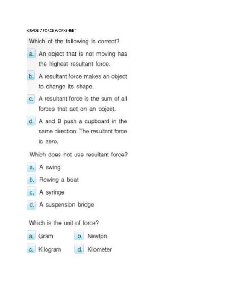 Grade 7 Force Worksheet | PDF