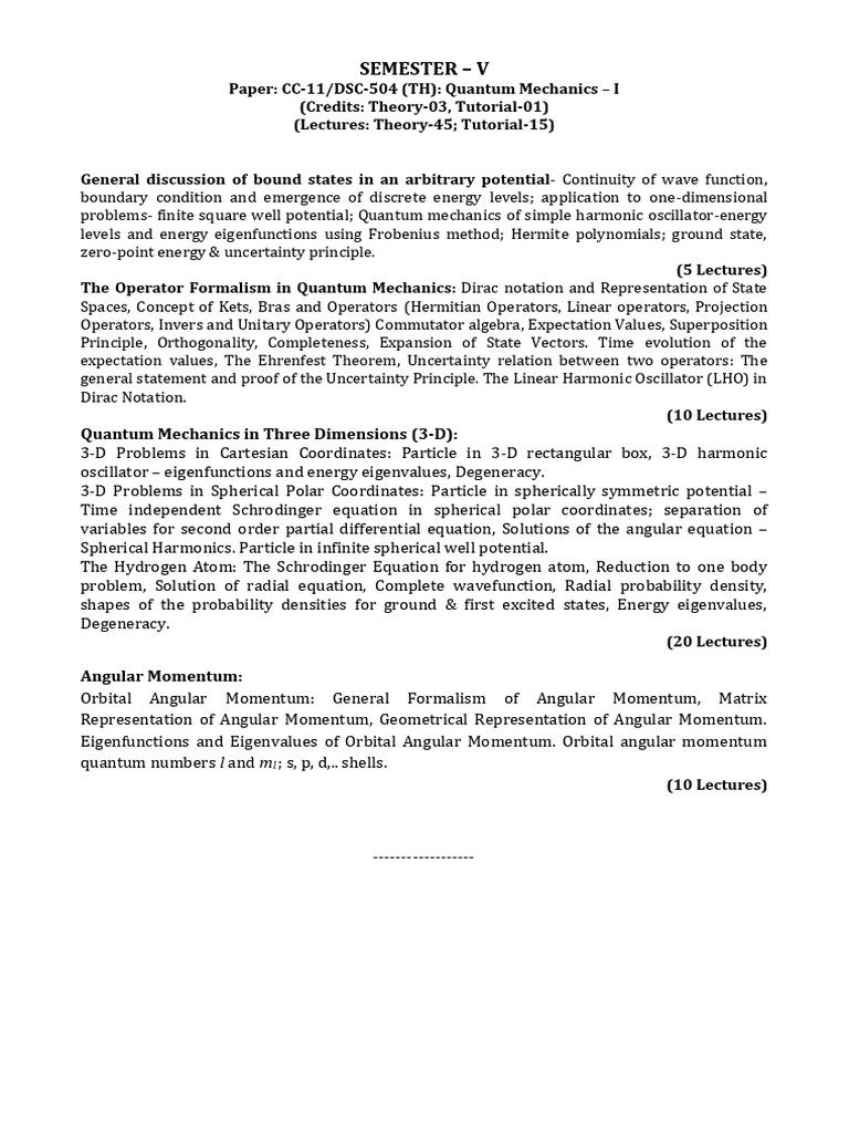 Quantum Mechanics I Course Outline | PDF | Schrödinger Equation ...