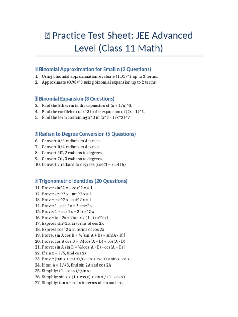 JEE Advanced Math Practice Test | PDF | Trigonometric Functions | Algebra