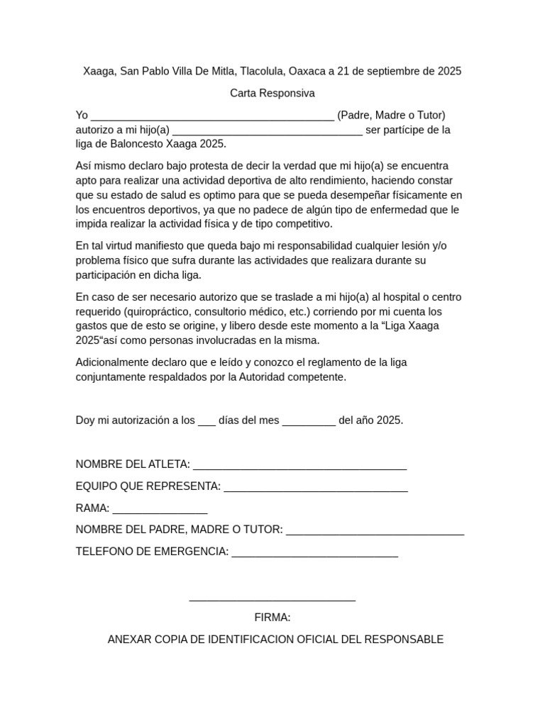 Carta Responsiva para Liga de Baloncesto 2025 | PDF