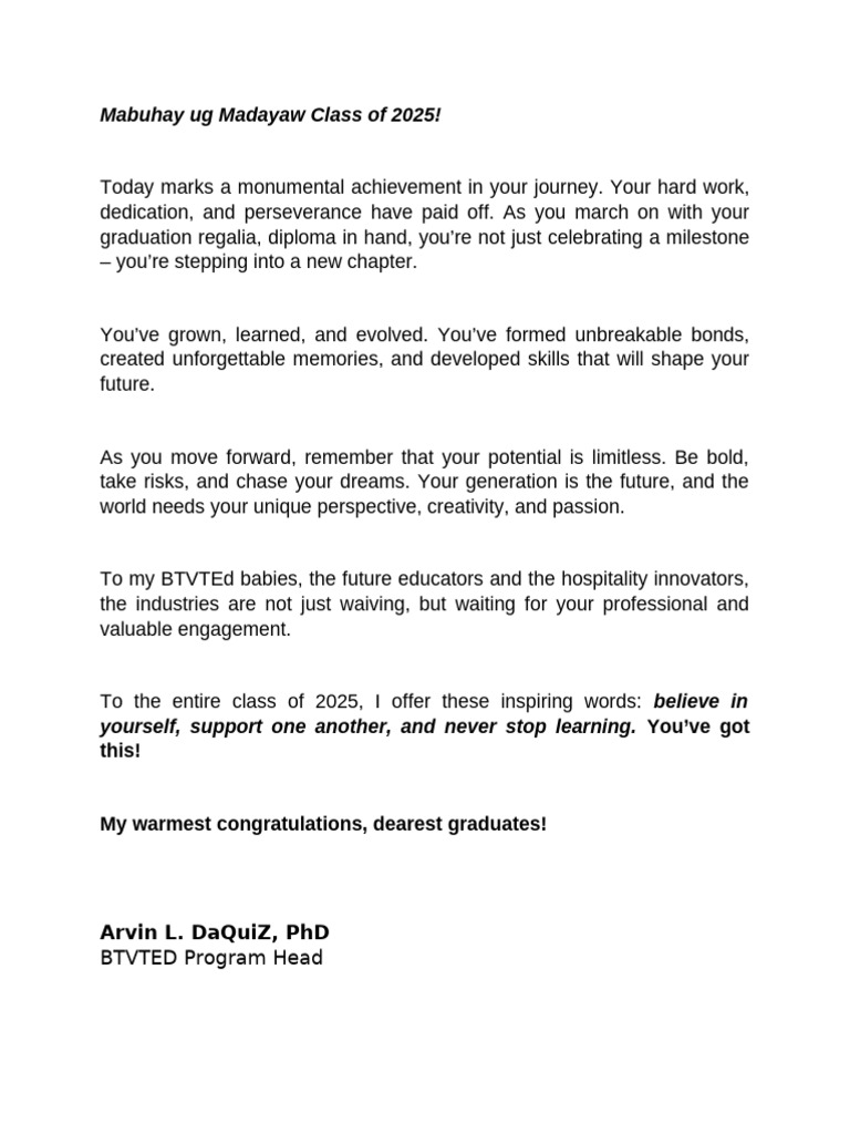 Congratulatory Message For Class 2025 | PDF