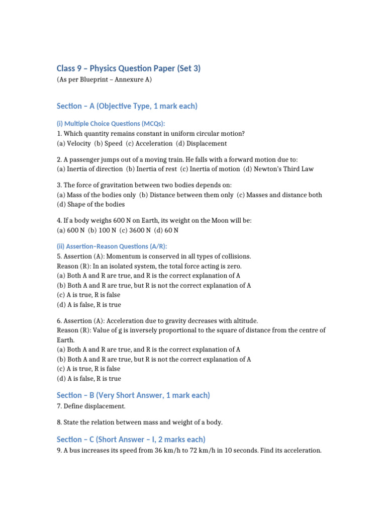 Class9 Physics QuestionPaper Set3 | PDF | Force | Acceleration