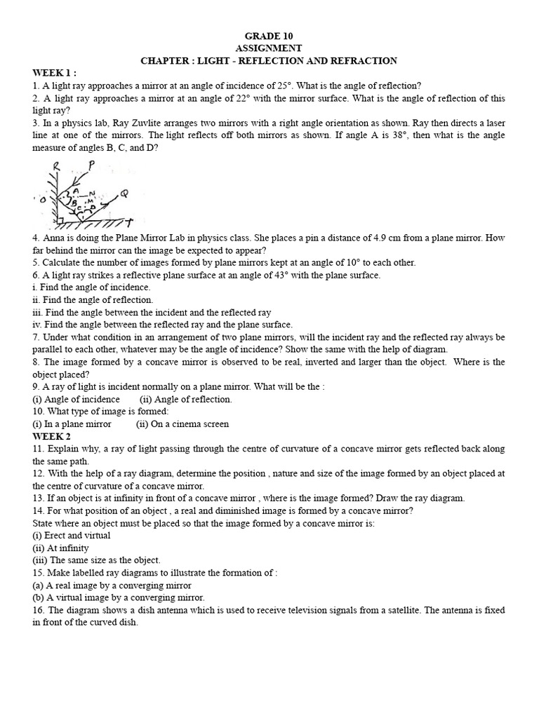 Grade 10 Light Reflection & Refraction Assignment | PDF | Mirror | Light