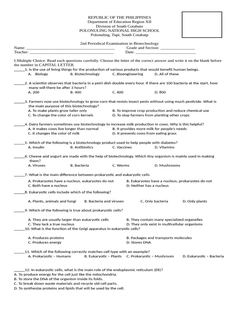 2nd Periodical Exam: Biotechnology Concepts | PDF | Cell (Biology ...