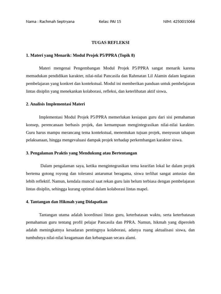 Refleksi Modul Projek P5/PPRA dalam Pendidikan | PDF