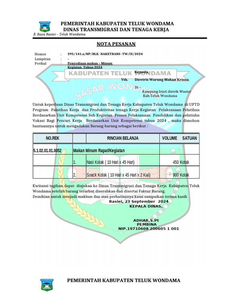Nota Pesanan Transmigrasi - BLK Makan-Minum | PDF