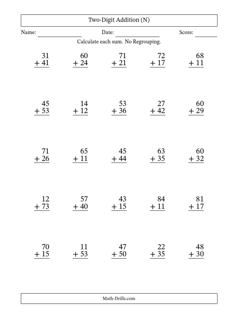 Two-Digit Addition Practice Worksheet | PDF