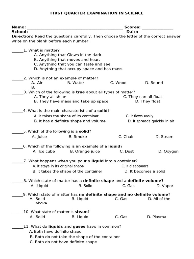 First Quarter Examination in Science | PDF | Water | Ice