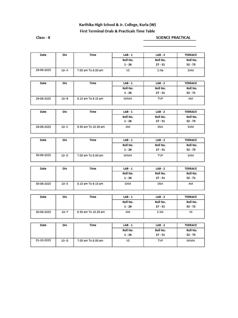 First Terminal Orals & Practicals Time Table Science Practical | PDF