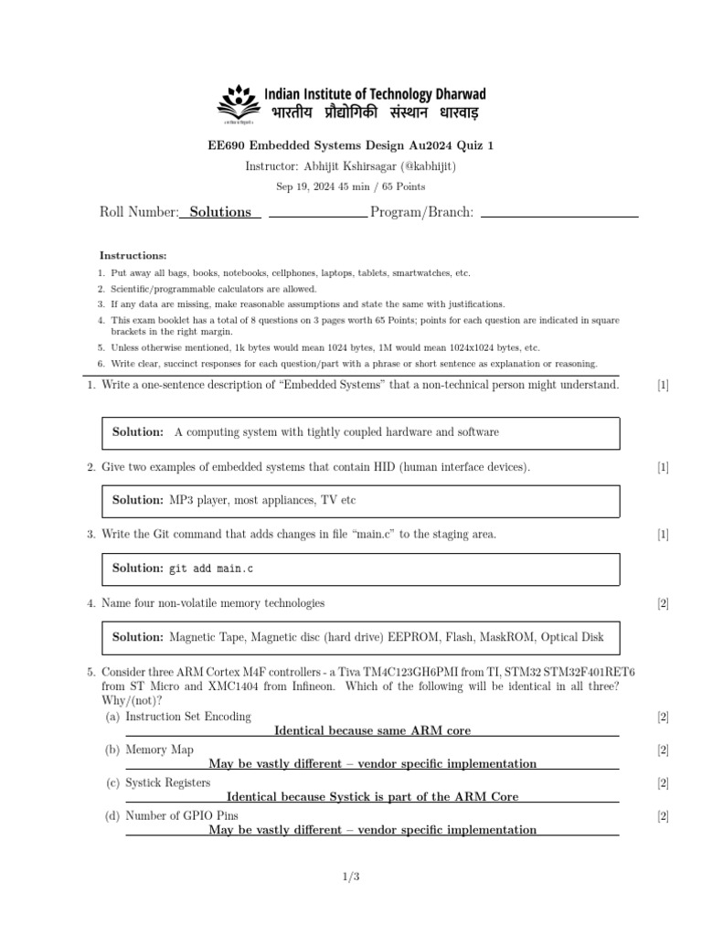 EE690-Au2024-Quiz1 | PDF | Microcontroller | Computing