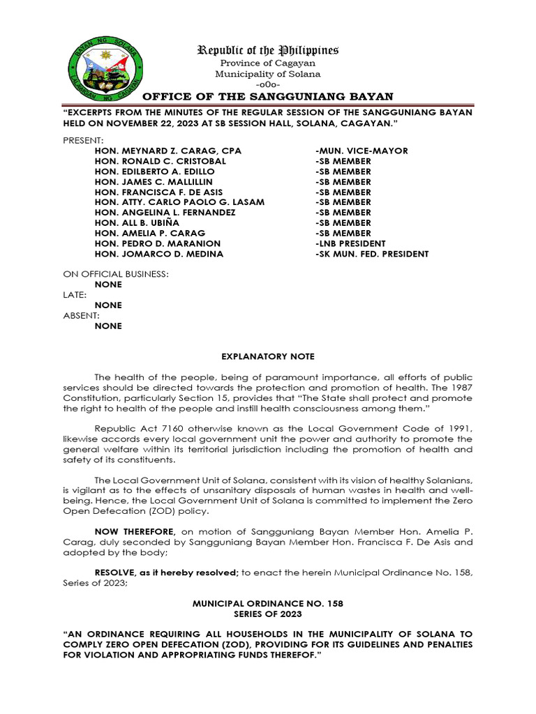 Municipal Ordinance No. 158 Zero Open Defecation ZOD | PDF | Sanitation ...