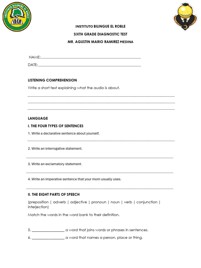 Diagnostic Test Sixth Grade | PDF | Verb | Word