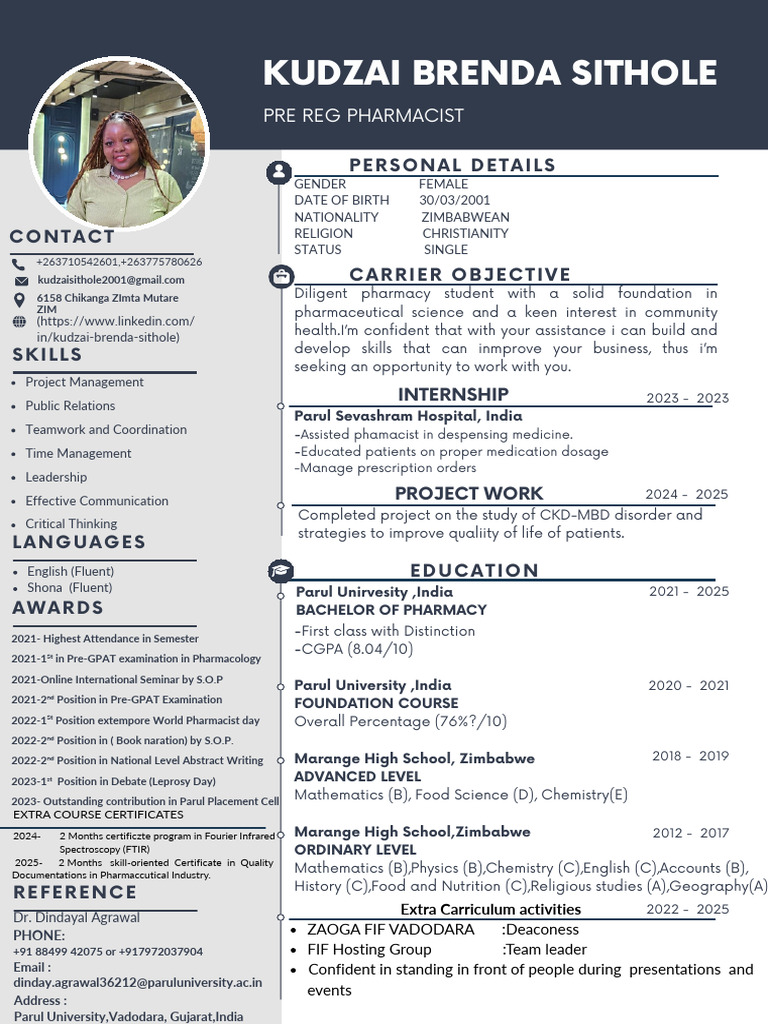 Kudzai Brenda Sithole: Pharmacy CV | PDF | Pharmacy | Health Care