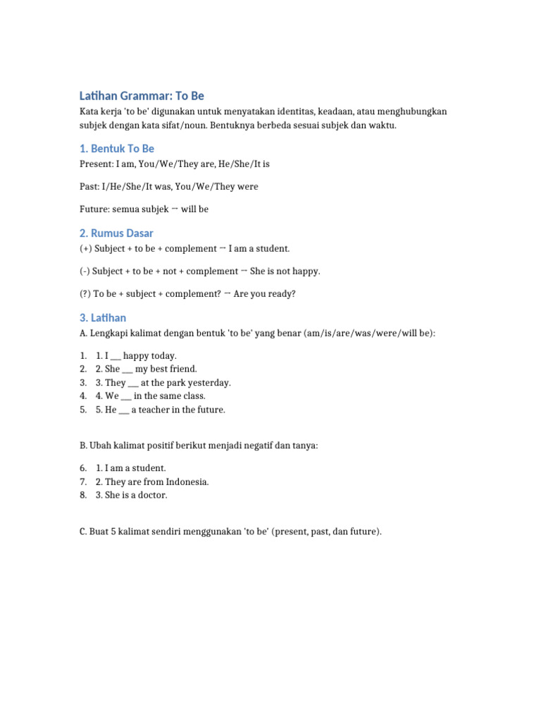 Latihan Grammar: Penggunaan To Be | PDF