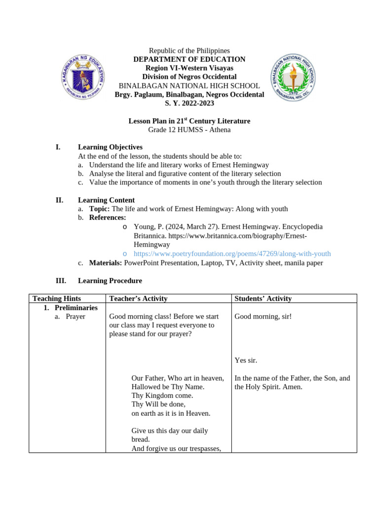 Corrected Lesson Plan MR MATAWHAY - Edited | PDF | Lord's Prayer