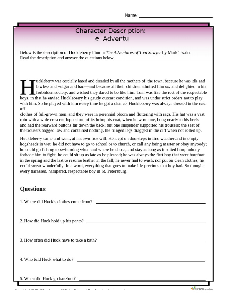 Descriptive Writing Passage 1 | PDF | Huckleberry Finn | Clothing
