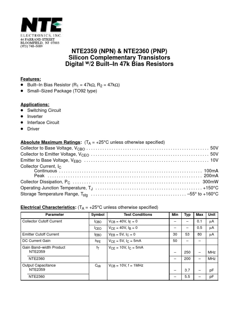 NTE2359/NTE2360 Transistor Datasheet | PDF | Computers