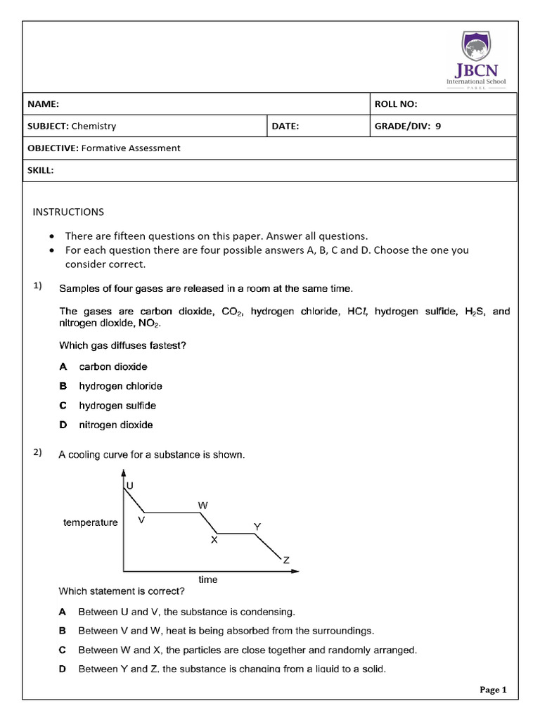 Chemistry Formative Assessment Quiz | PDF