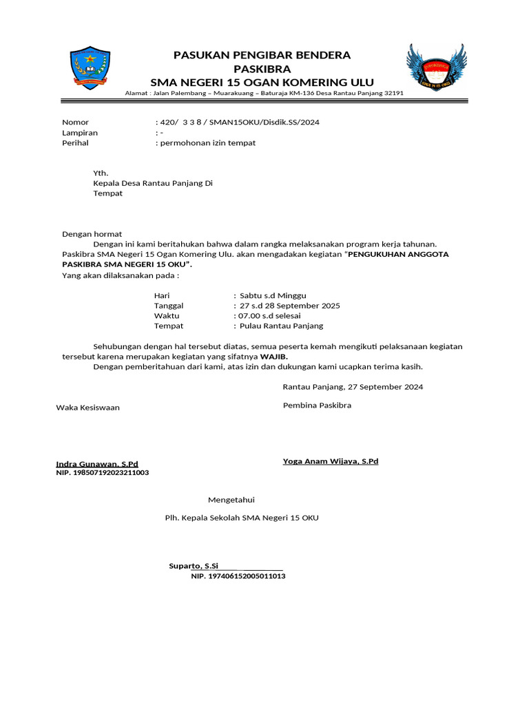 Surat Izin Lokasi Kemah PASKIBRA 2024 | PDF