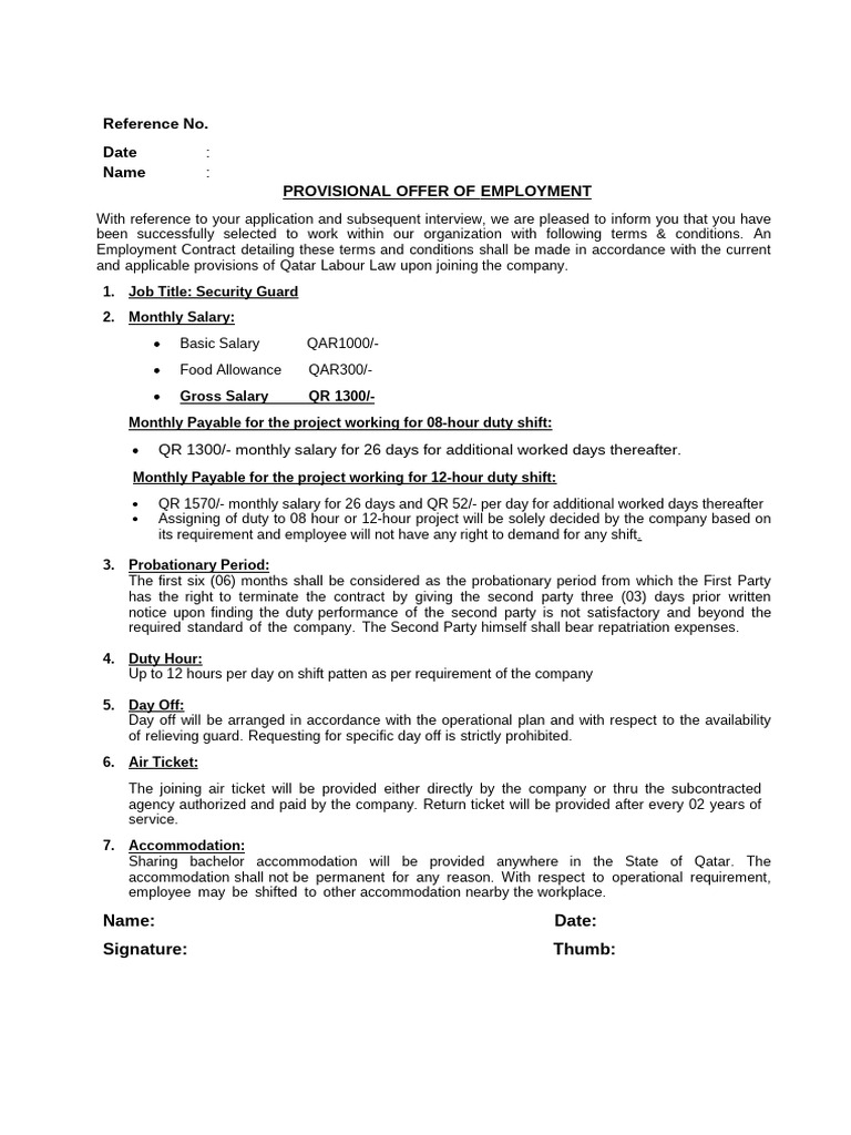 Security Guard Employment Offer Qatar | PDF | Employment | Salary