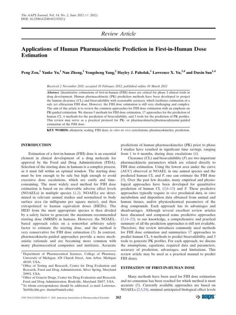 Applications of Human PK Prediction in FIH Dose Estimation 2012 | PDF ...