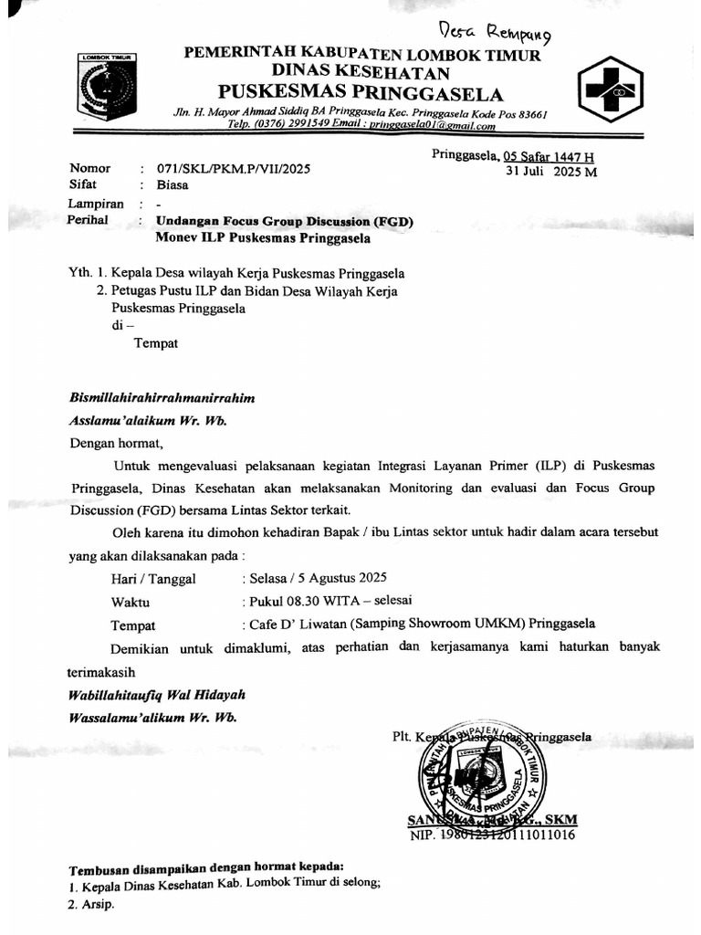 Undangan FGD Monev Ilp PKM Pringgasela | PDF