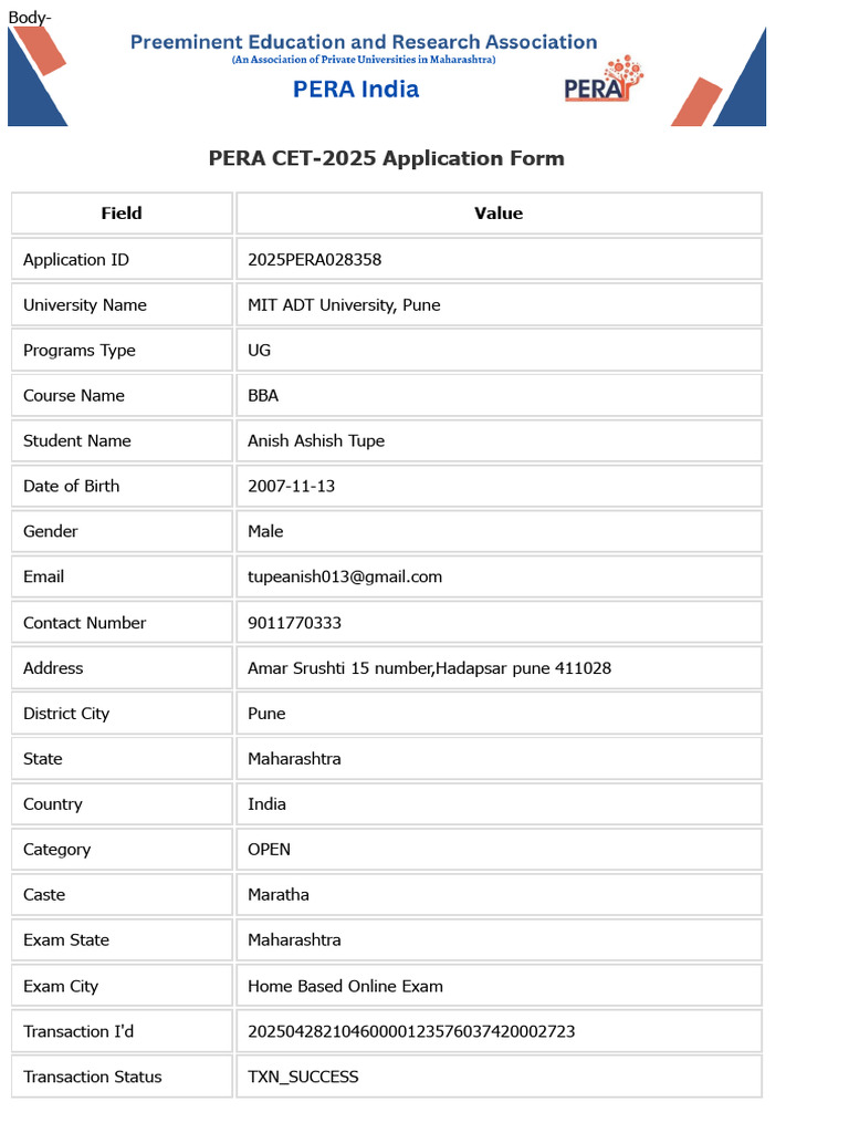 PERA-CET Admission Form | PDF