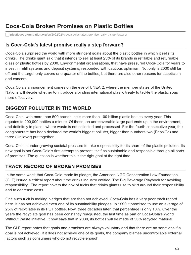 Coca-Cola Broken Promises On Plastic Bottles | PDF | The Coca Cola ...