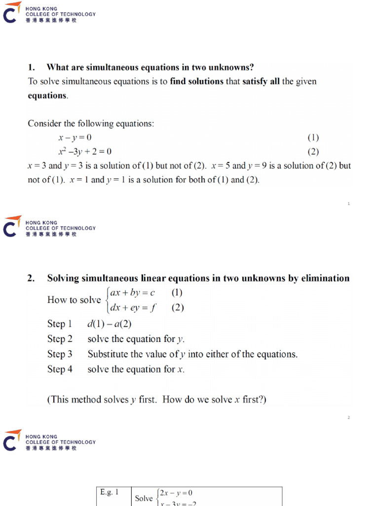Simultaneous Equations in Two Unknowns, Quadratic Equations and ...