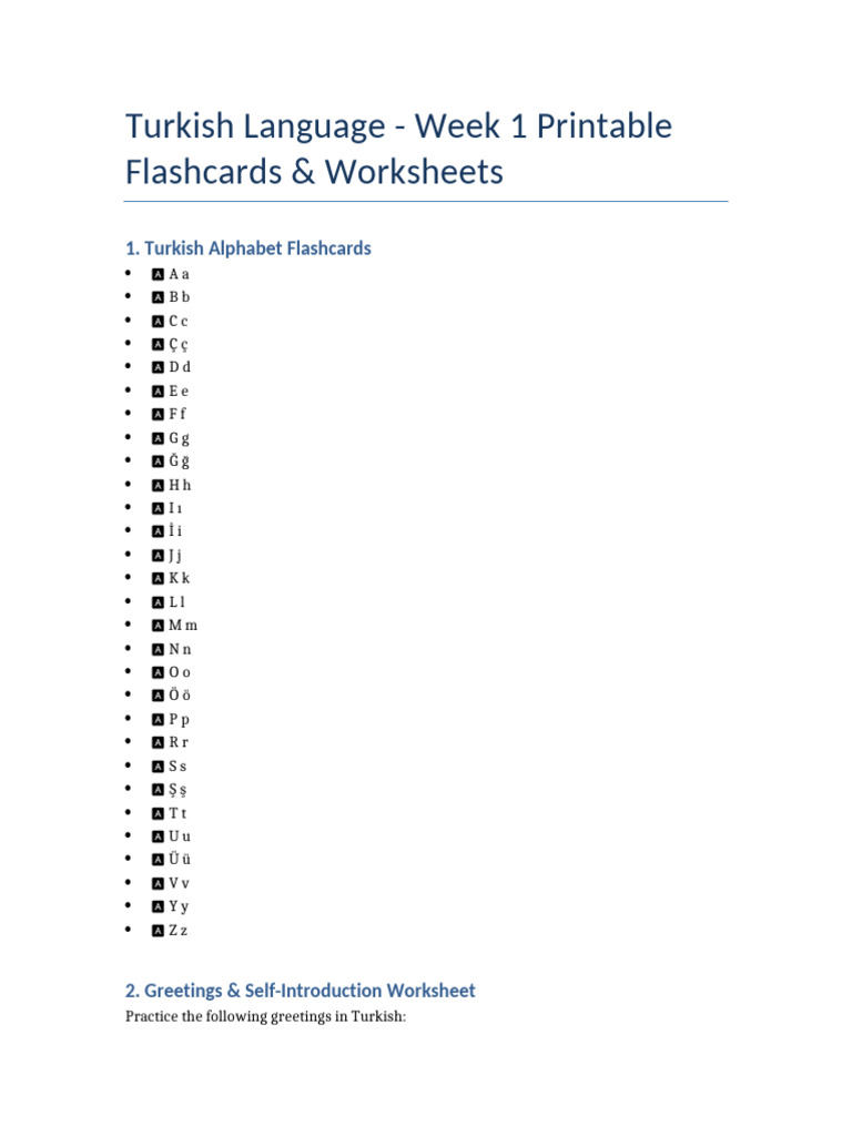 Turkish Language Worksheets Week 1 | PDF