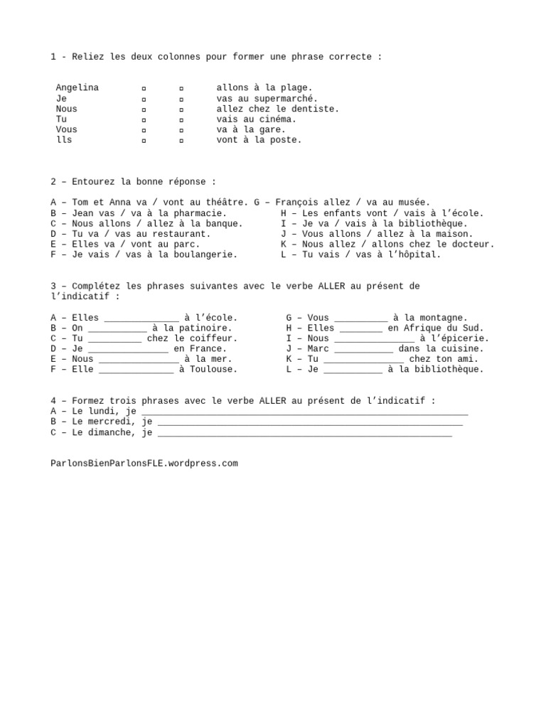 Exercices de conjugaison du verbe ALLER | PDF