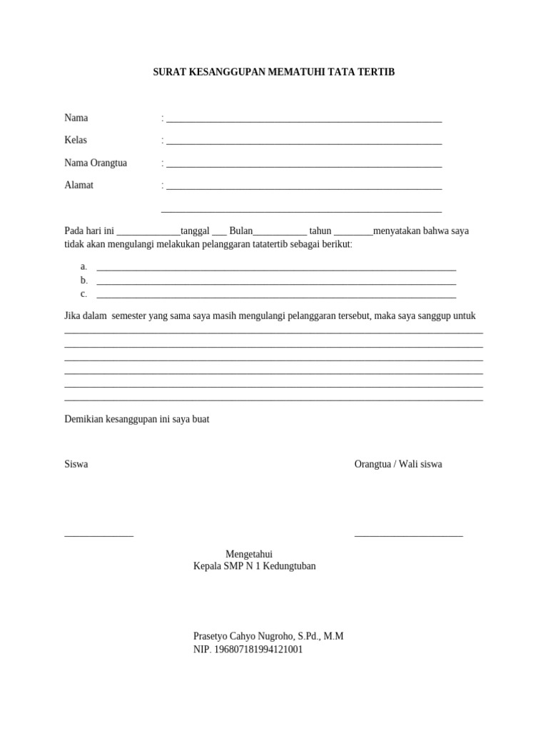 Surat Kesanggupan Mematuhi Tata Tertib | PDF