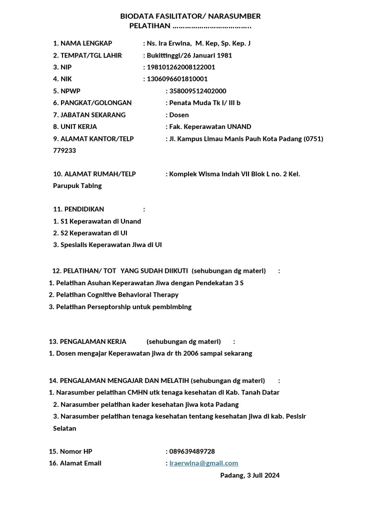 Form CV Fasilitator Ira Erwina | PDF