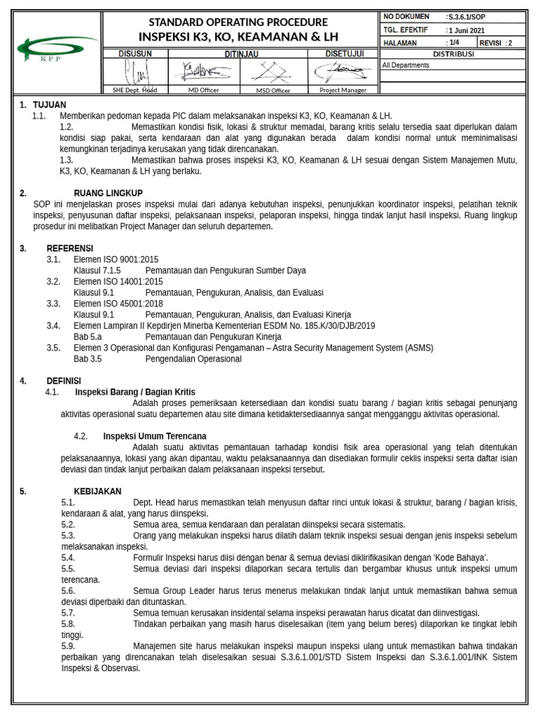 2021_Draft S.3.6.1 - SOP Inspeksi K3, KO, Keamanan & LH | PDF