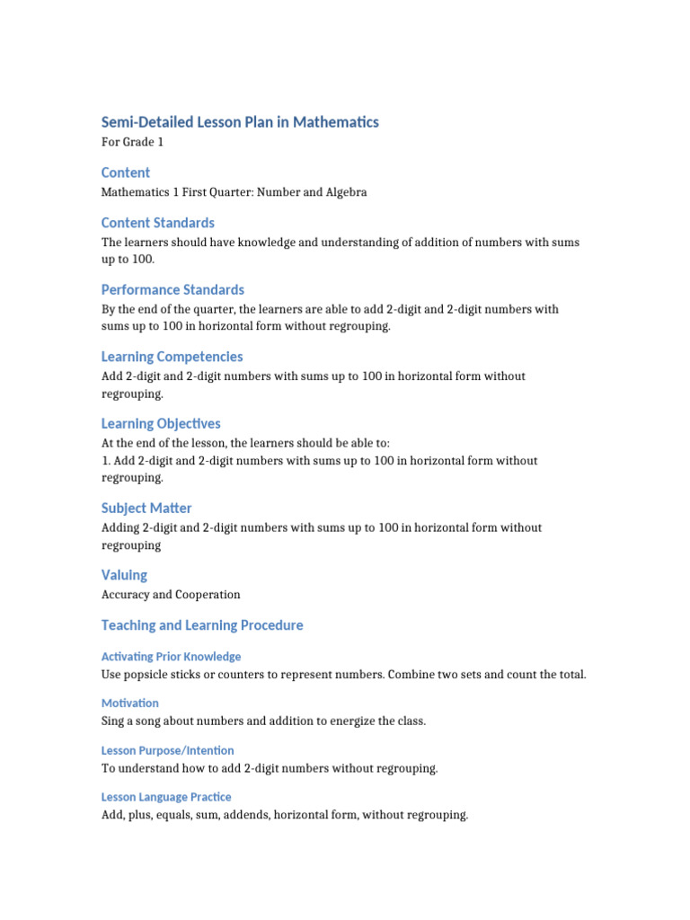 Grade1 Math LessonPlan Addition | PDF
