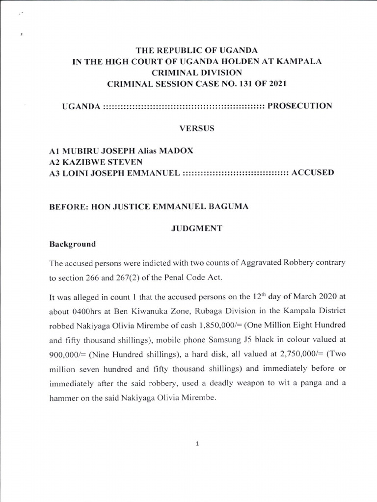 Uganda High Court Aggravated Robbery Case | PDF | Burden Of Proof (Law ...