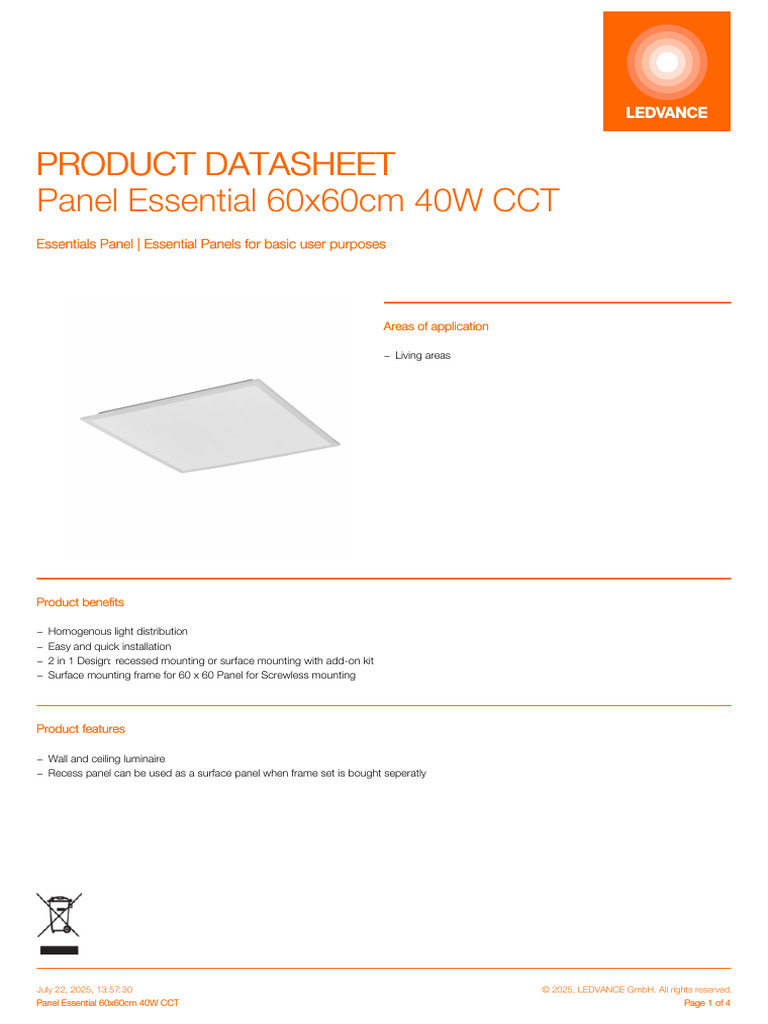 60x60cm 40W CCT Panel Datasheet | PDF | Mains Electricity | Power (Physics)
